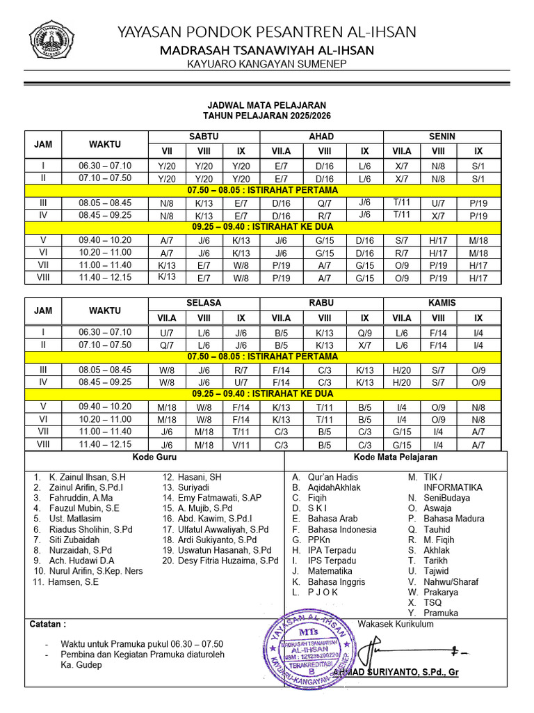 Jadwal Pelajaran MTs Al-Ihsan 2025/2026 | PDF