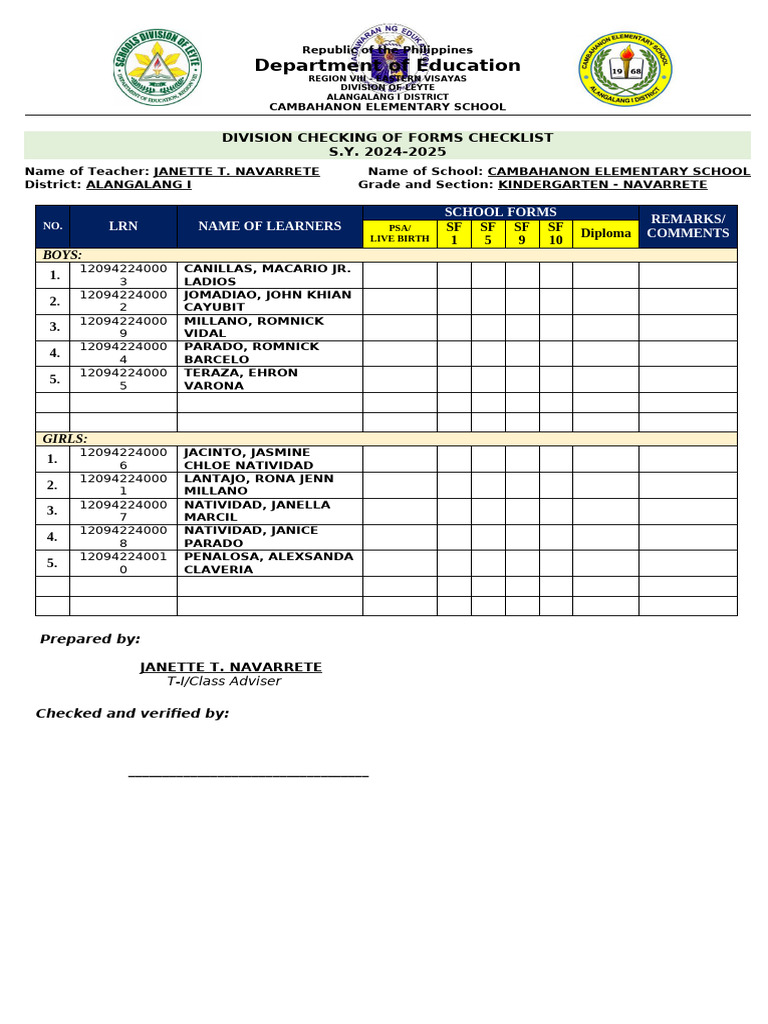 Checklist Checking of Forms Sy 2024 2025 | PDF