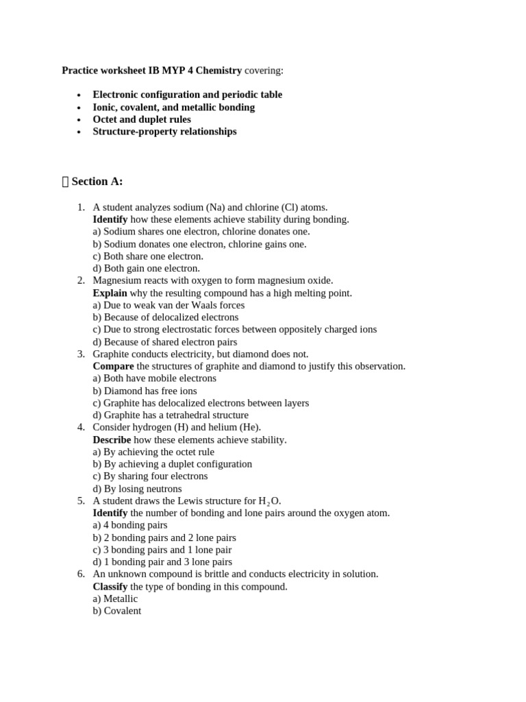 MYP 4 Chemistry Bonding Worksheet | PDF | Chemical Bond | Covalent Bond