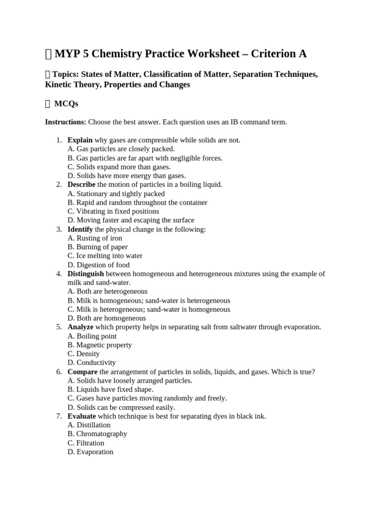 Revision Practice Worksheet Unit 1 | PDF | Mixture | Gases