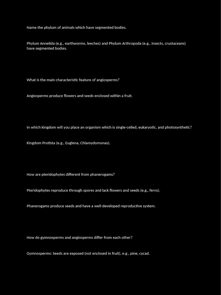 Name The Phylum of Animals Which Have Segmented Bodies | PDF | Plants ...
