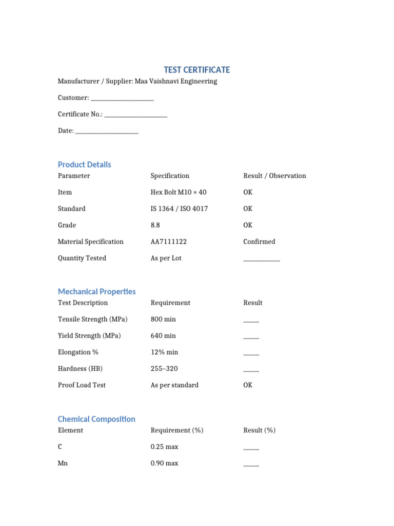 Hex Bolt M10 Test Certificate | PDF