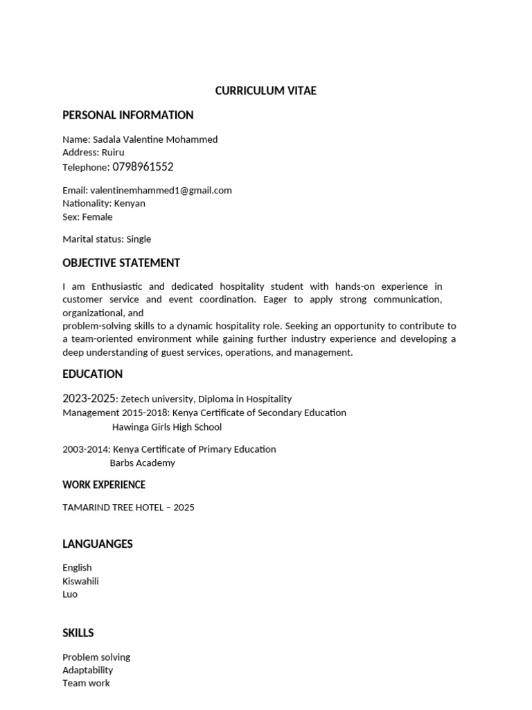 Sadala Valentine CV | PDF
