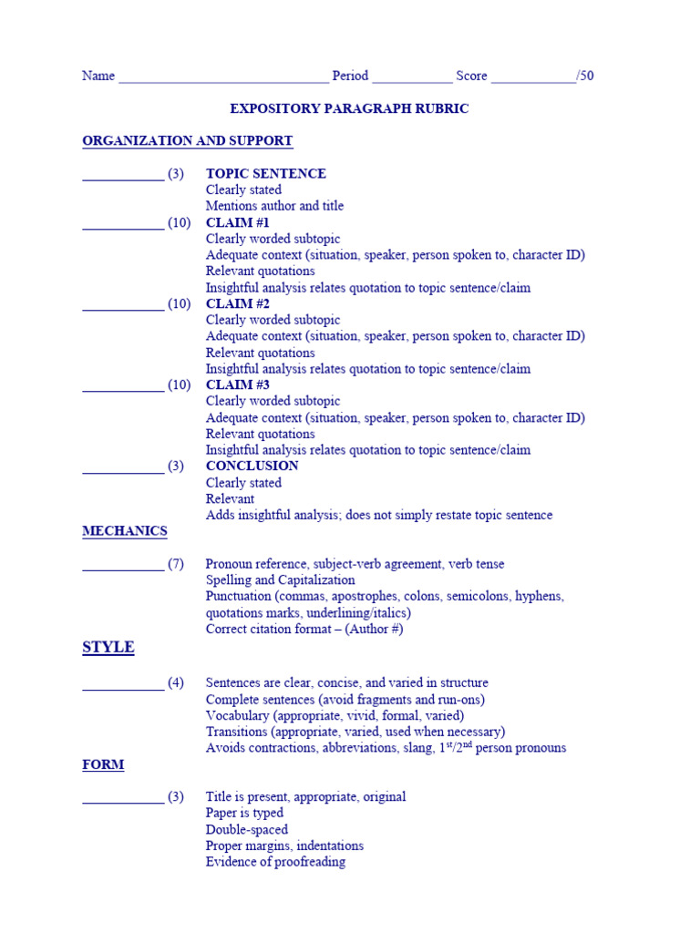 Expository Paragraph Assessment Rubric | PDF