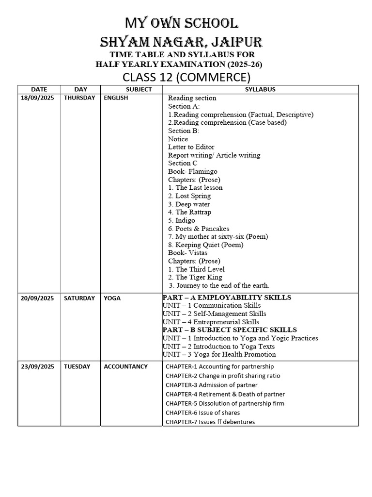Class - 12 Half Yearly Time Table (Commerces) | PDF | Macroeconomics ...