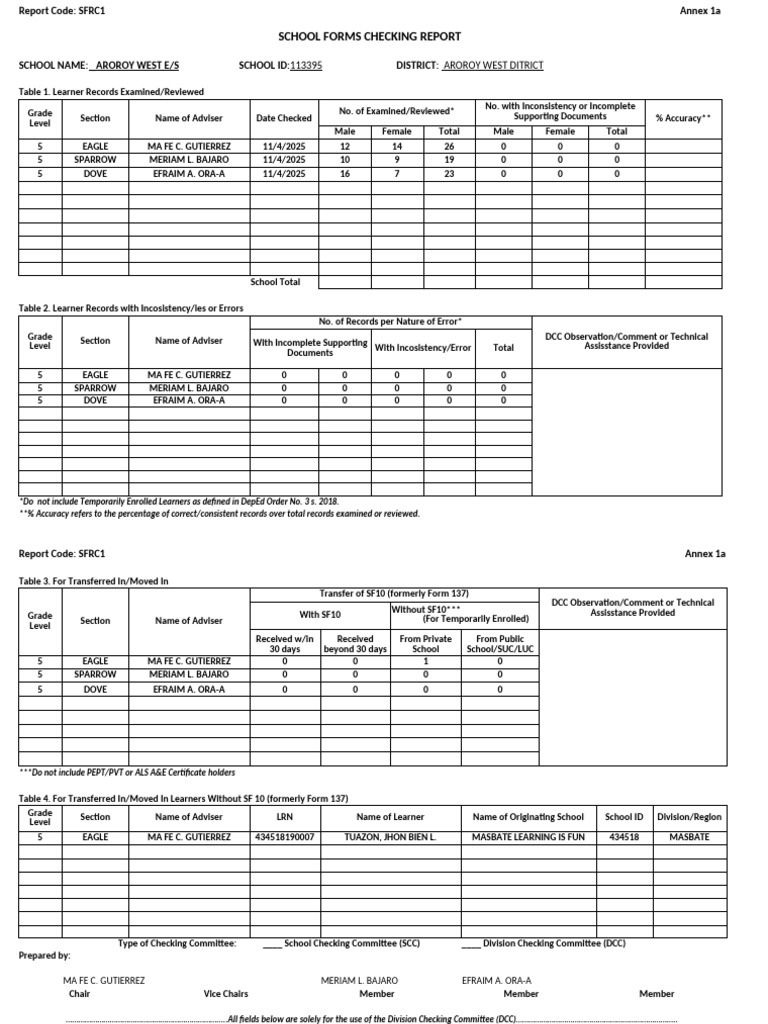 School-Form-Checking-Report-Grade 5 | PDF