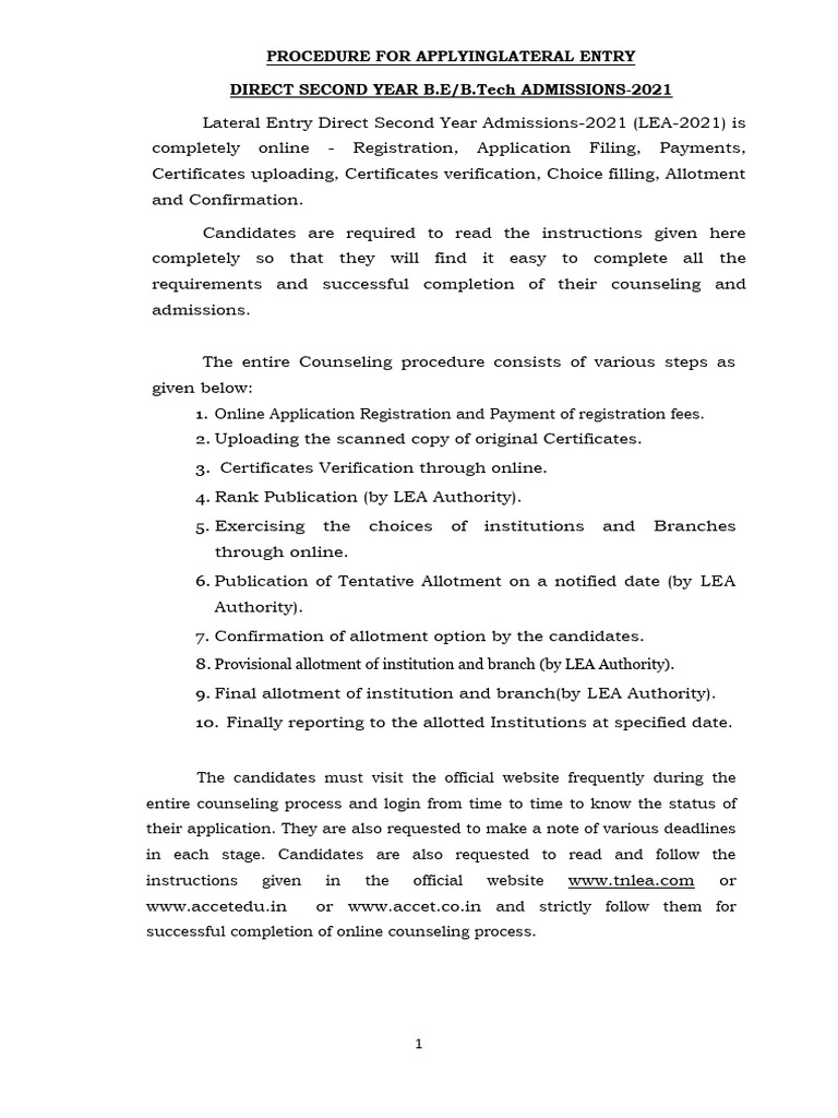 Lateral Entry B.E/B.Tech Admissions 2021 | PDF | Password | Credit Card