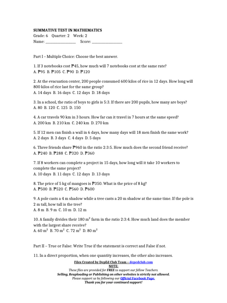 Grade 6 Ratio and Proportion Test | PDF | Ratio | Mathematics