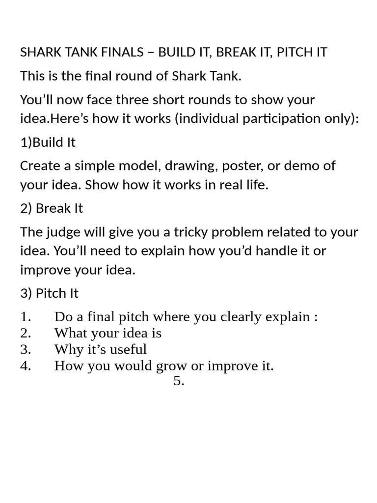 Shark Tank Finals: Build, Break, Pitch | PDF