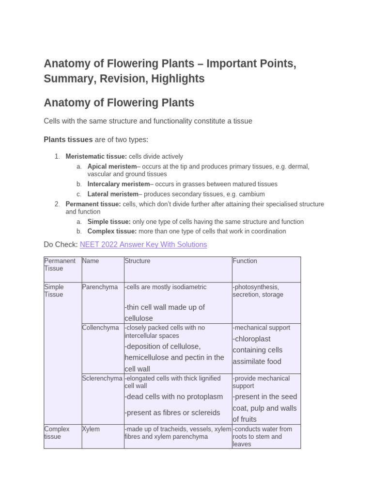 Anatomy of Flowering Plants Overview | PDF | Plant Stem | Leaf