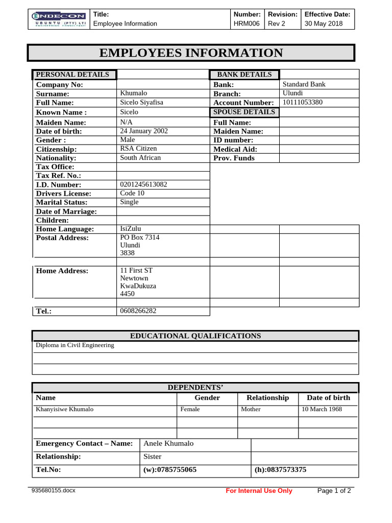 HRM006 Employee Information Form Rev 2 | PDF | Identity Document ...