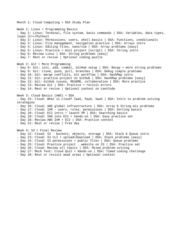 Month1 Cloud DSA Study Plan | PDF