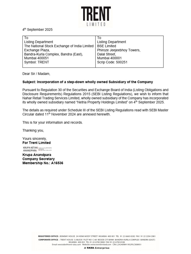Subject: Incorporation of A Step-Down Wholly Owned Subsidiary of The ...