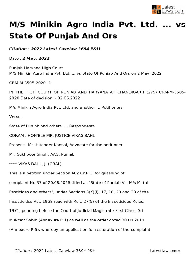 Minikin Agro vs. Punjab State Complaint Quashing | PDF | Criminal ...