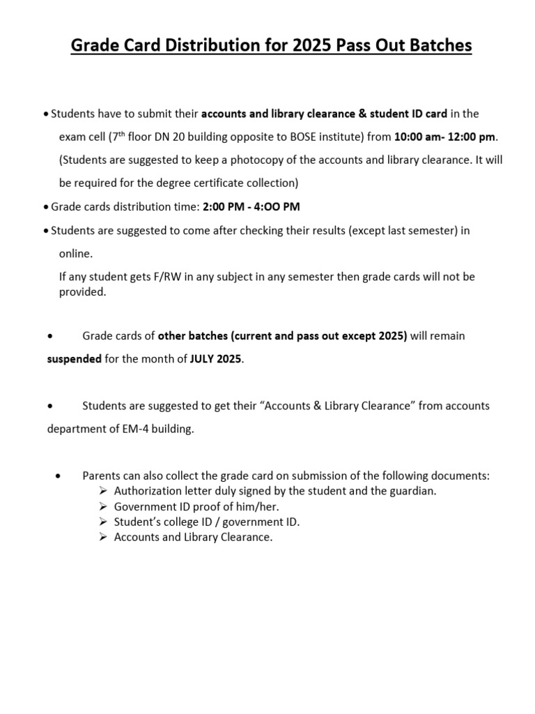 Grade Card Distribution Notice-2025 Pass Out 22.7.25 | PDF