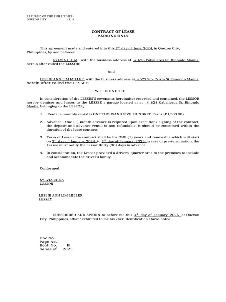 Parking Lease Agreement in Quezon City | PDF