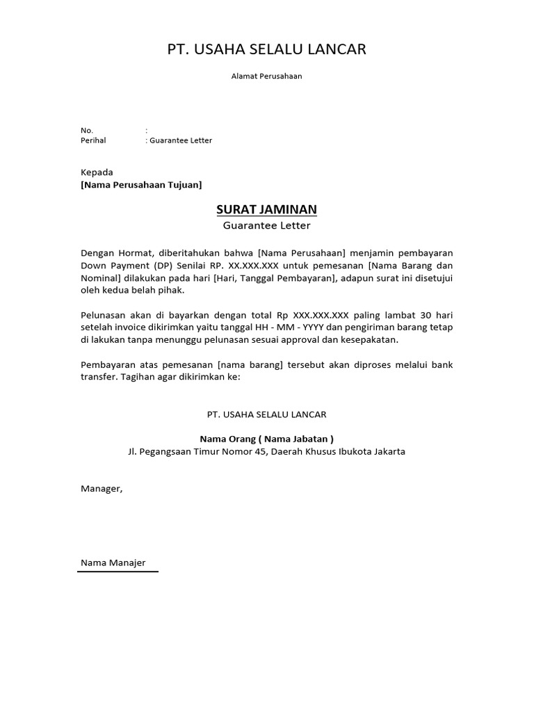 Template Guarantee Letter - Surat Jaminan Pembayaran | PDF