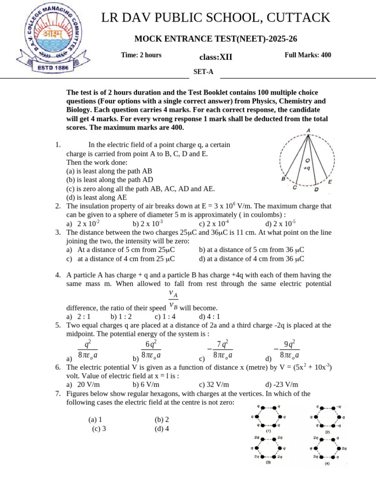 NEET 2025-26 Mock Test for Class XII | PDF | Dominance (Genetics ...