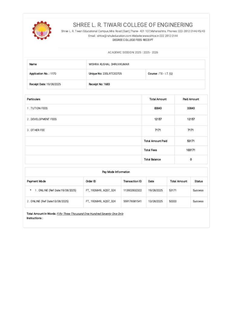 Degree College Fees Receipt 2025 | PDF