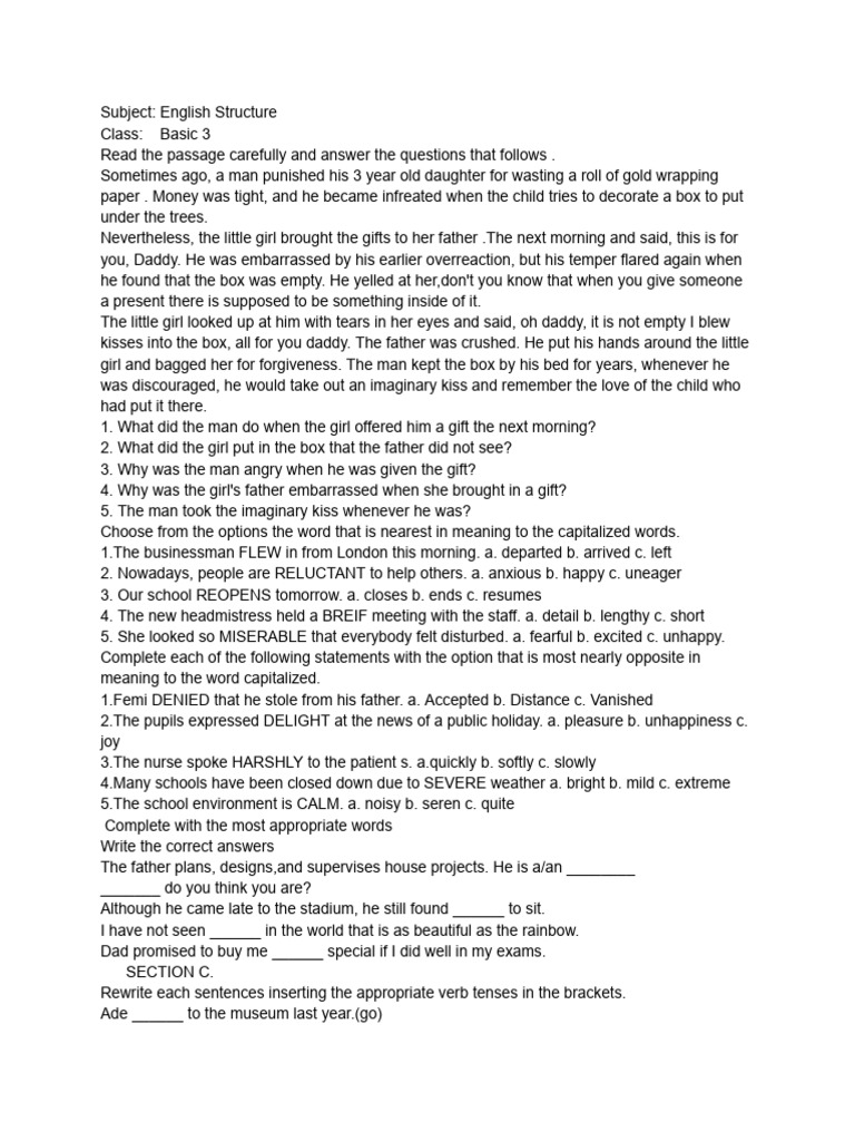 English Structure for Basic 3 Students | PDF