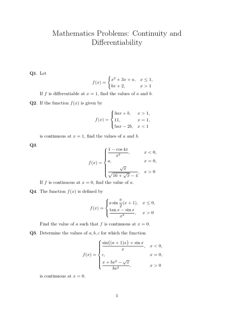 Continuity and Differentiability Worksheet | PDF | Mathematics | Mathematical Analysis