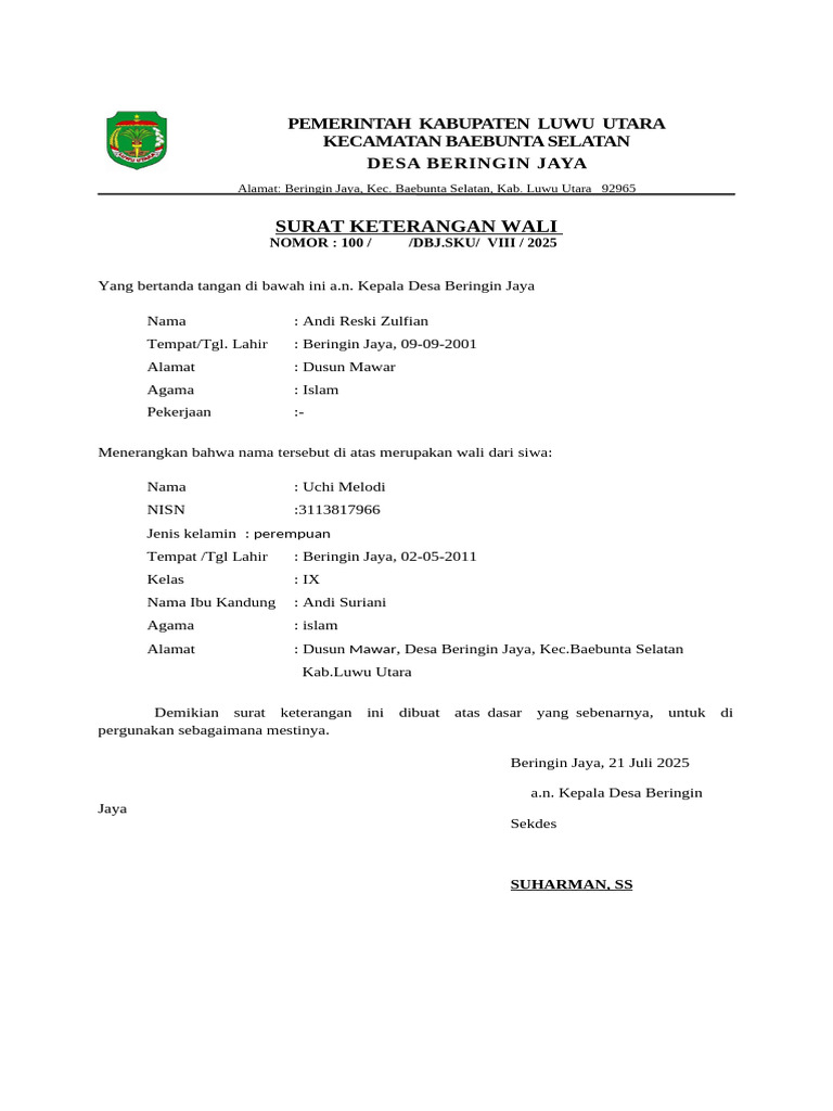 Surat Keterangan Wali | PDF