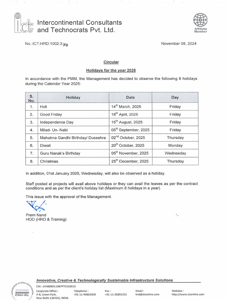 Circular - Holidays For The Year 2025 | PDF