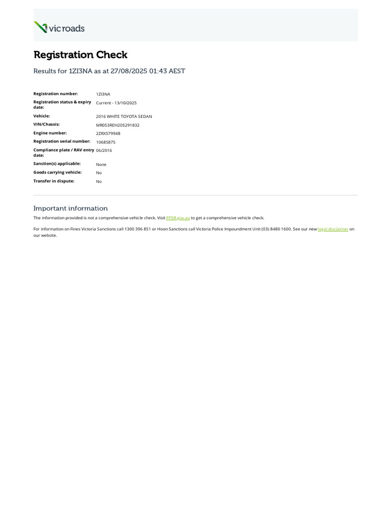 2016 Toyota Sedan Registration Check | PDF
