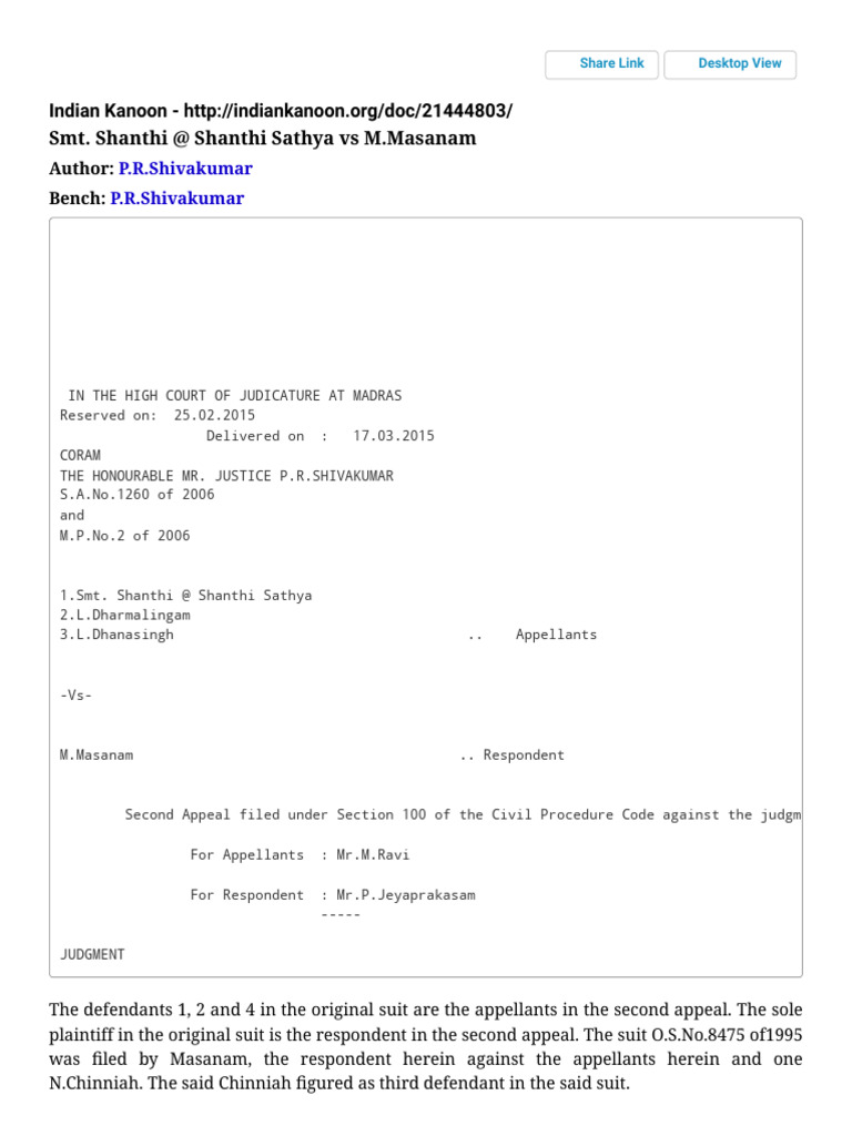 Smt. Shanthi at Shanthi Sathya Vs M.Masanam | PDF | Lawsuit | Question ...