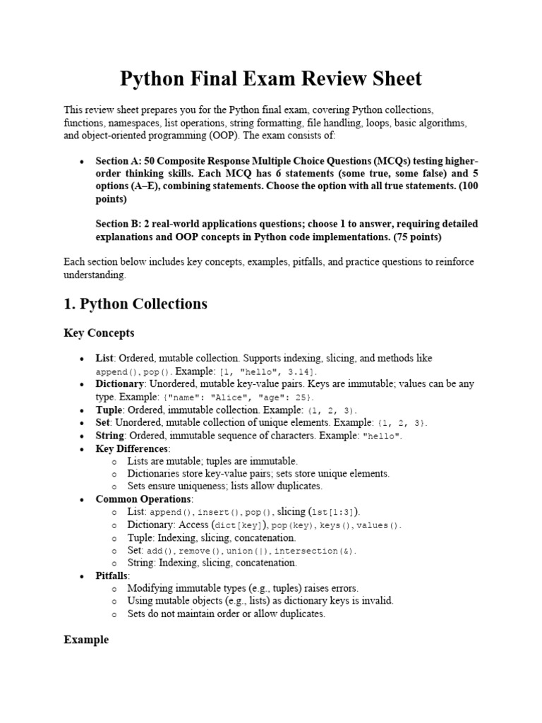 Python Final Exam Review Guide | PDF | Class (Computer Programming ...