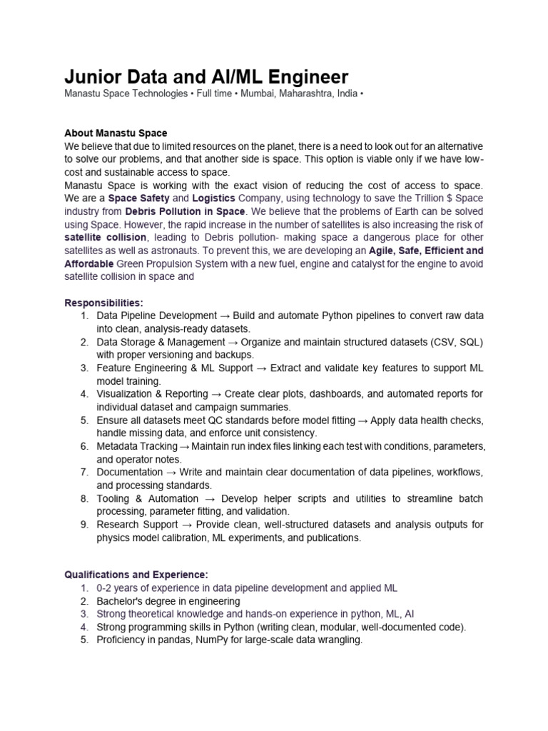 Junior Data & AI/ML Engineer Role | PDF | Space Debris | Satellite