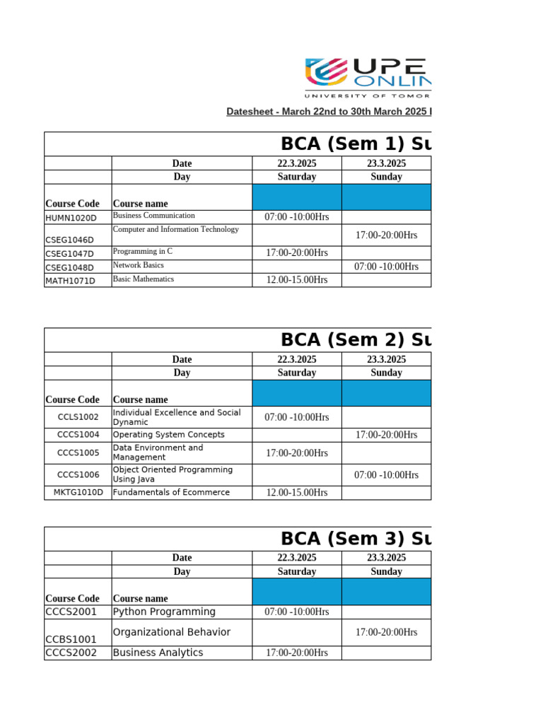 BCA Date Sheet March 2025 | PDF | Computing | Computer Science