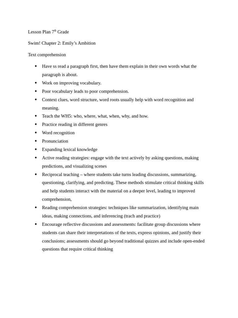 Lesson Plan 7th Grade Emily's Ambition | PDF
