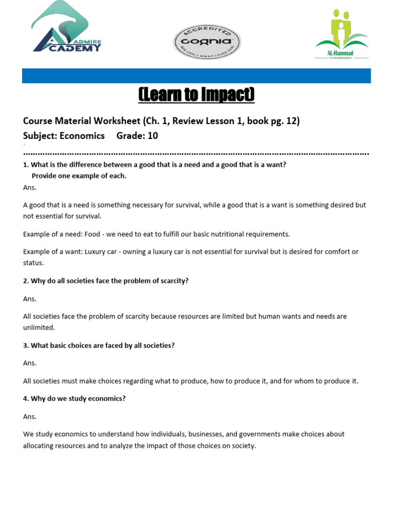 Economics CH 1 Lesson 1 Review Page 12 | PDF