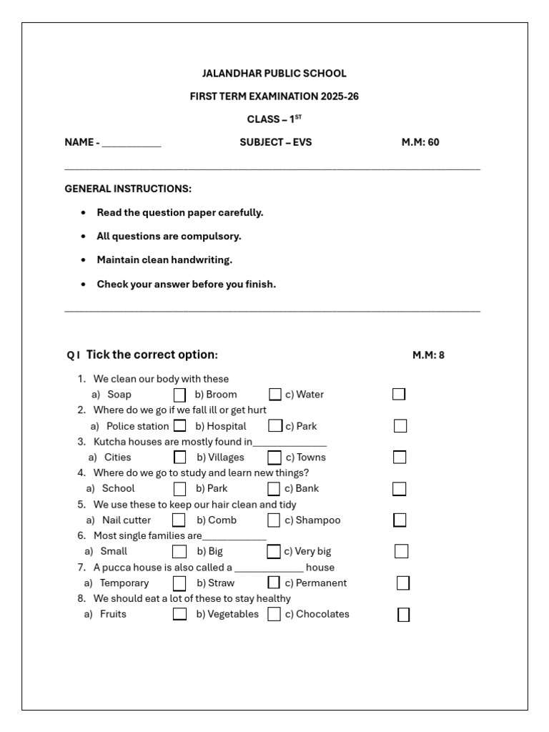 1st A Class Evs Question Paper | PDF
