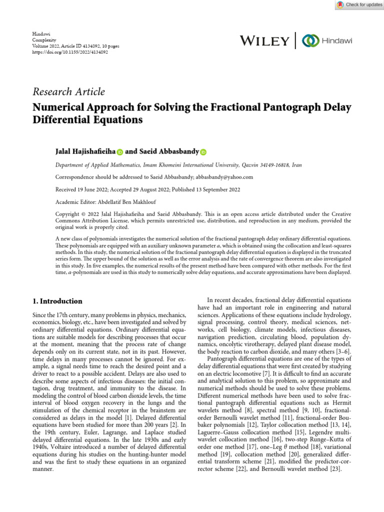 Complexity - 2022 - Hajishafieiha - Numerical Approach For Solving The Fractional Pantograph ...