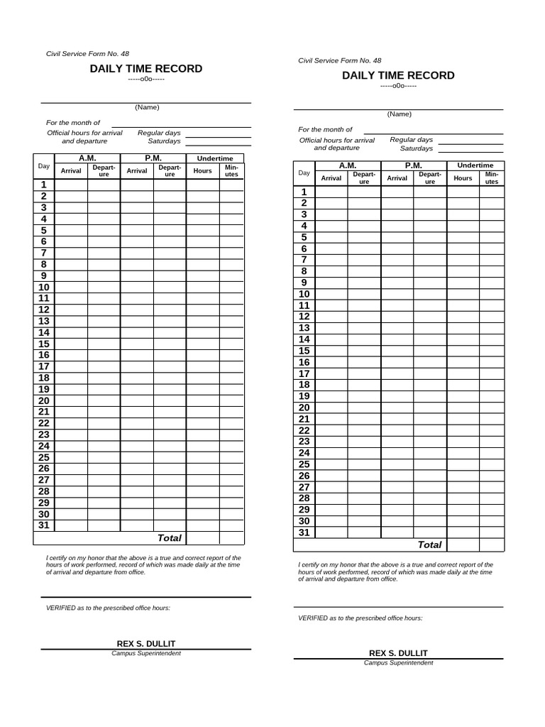 Daily Time Record Form No. 48 | PDF