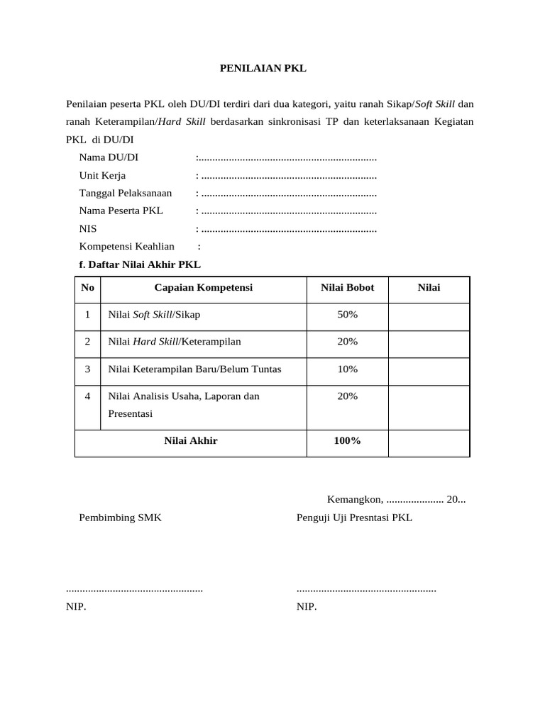Daftar Penilaian Pkl | PDF