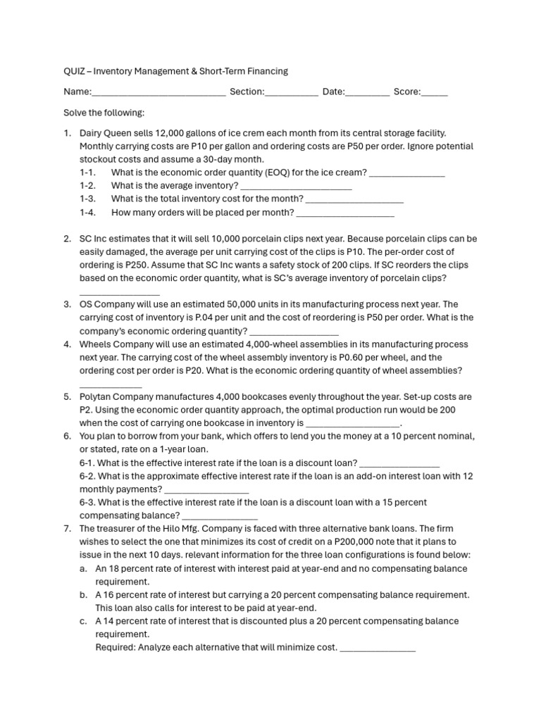 QUIZ Ivnty MGT and Short Term Financing May 14 2025 | PDF | Interest ...