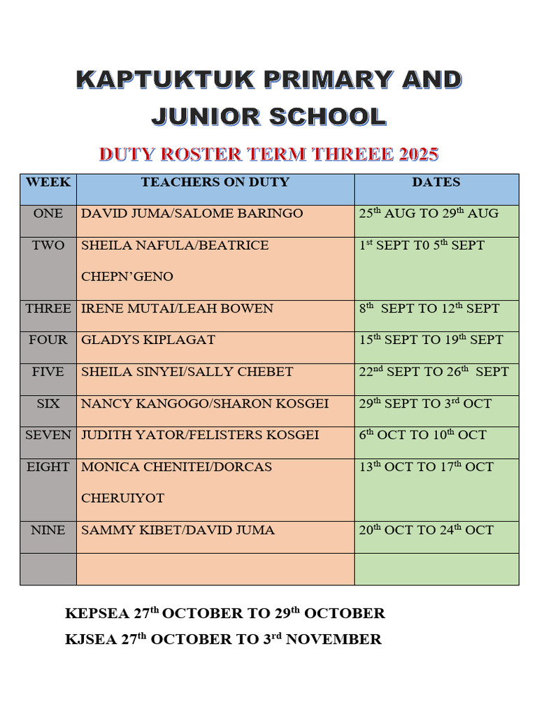 Kaptuktuk Primary and Junior School Duty Roster | PDF