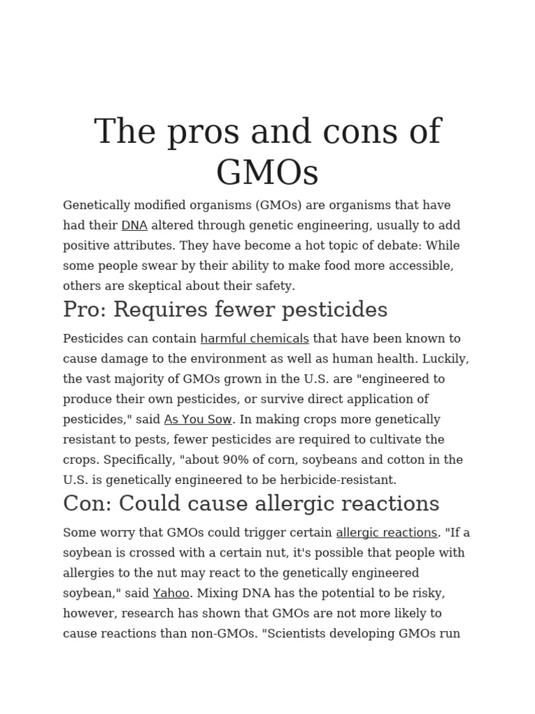 The Pros and Cons of GMOs | PDF | Genetically Modified Organism ...
