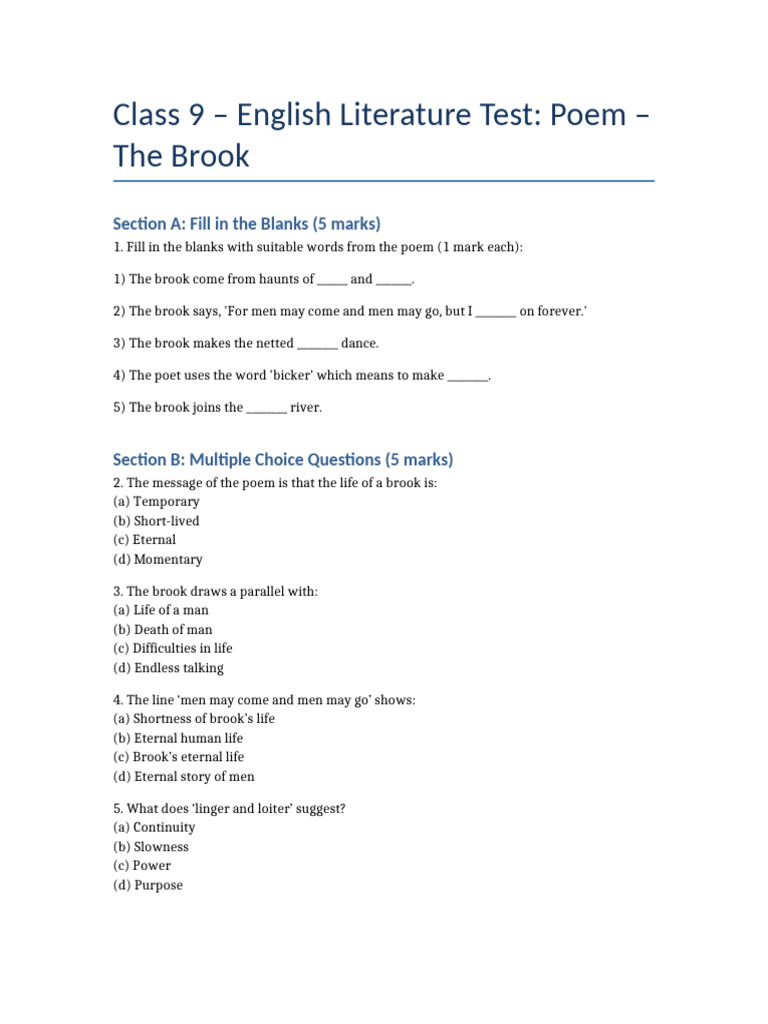 Class 9 English Test: The Brook Poem | PDF