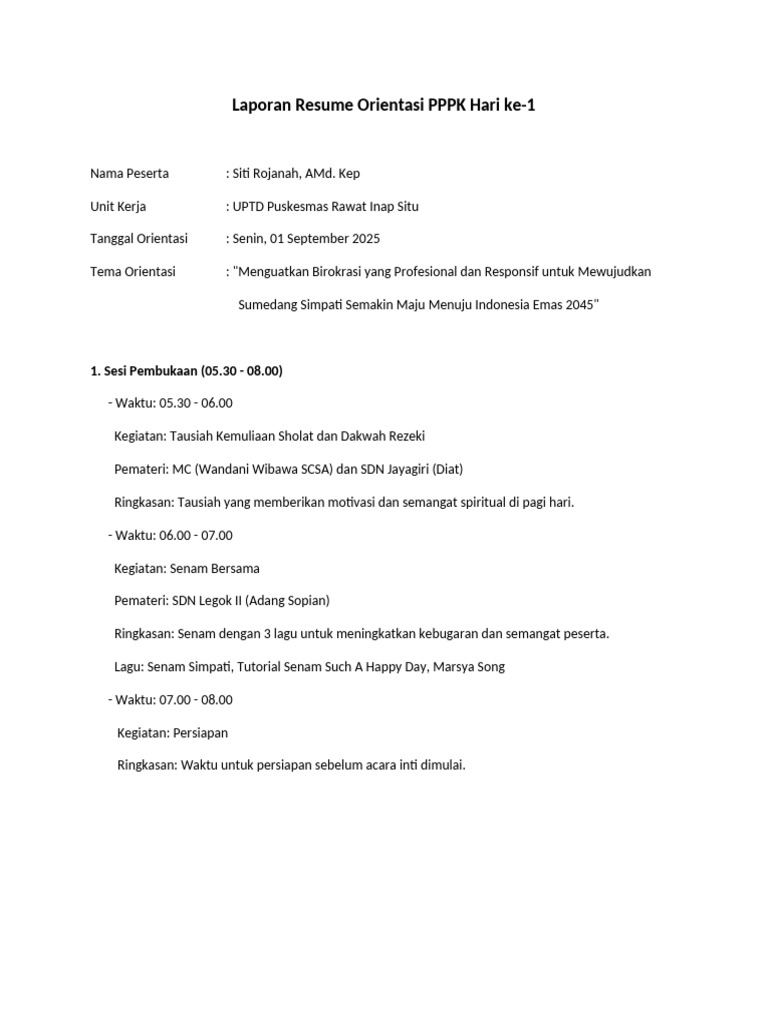 Siti Rojanah, AMd. Kep - UPTD Puskesmas Rawat Inap Situ - Resume Hari Ke-1 - Hari Ke-4 | PDF