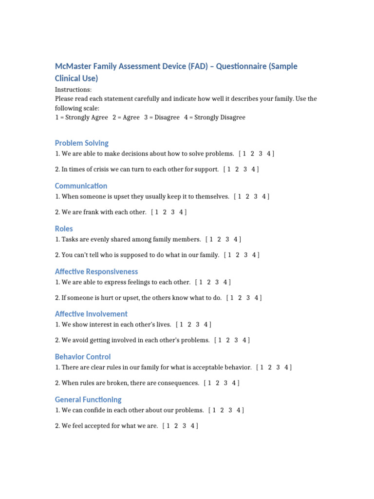 FAD Questionnaire Sample | PDF