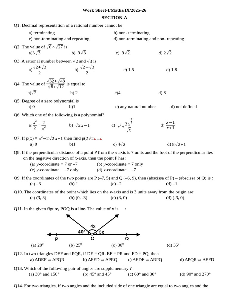 Maths IX Worksheet Answer Key PDF | PDF | Triangle | Square Root