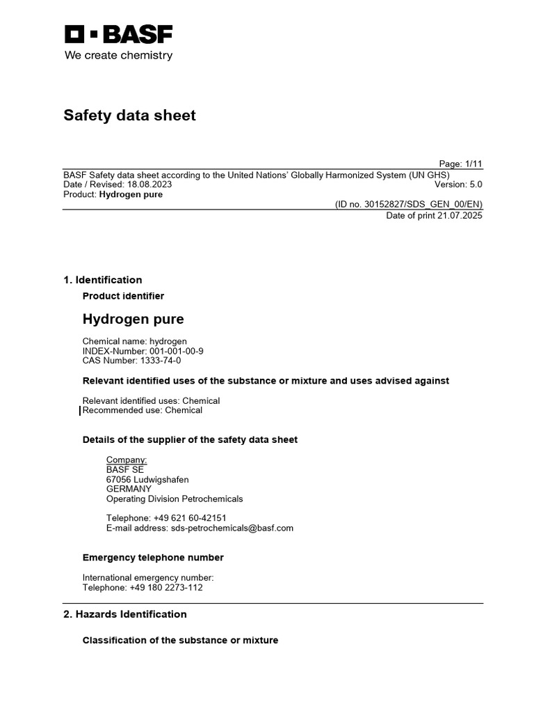Hydrogen+pure 30152827 SDS GEN 00 en 5-0 | PDF | Dangerous Goods | Toxicity