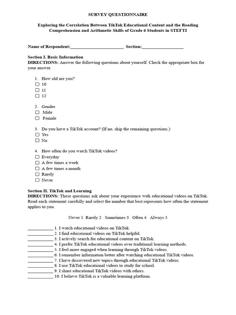 Survey Questionnaire - TikTok | PDF | Reading Comprehension | Learning