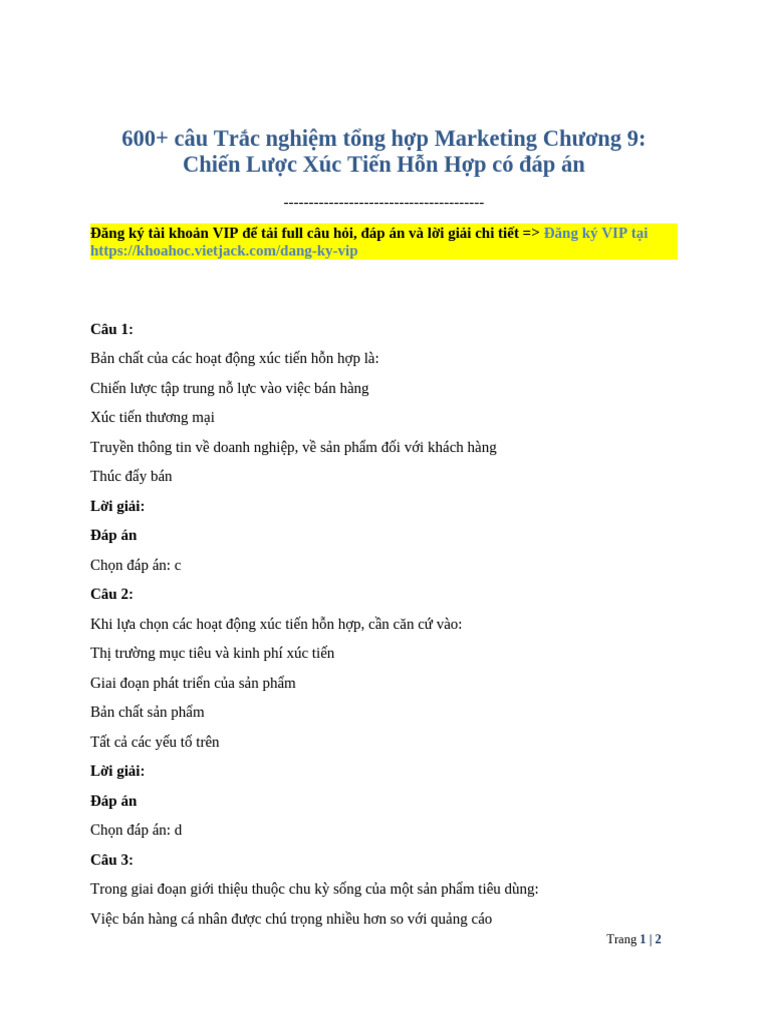 600 Cau Trac Nghiem Tong Hop Marketing Chuong 9 Chien Luoc Xuc Tien Hon ...