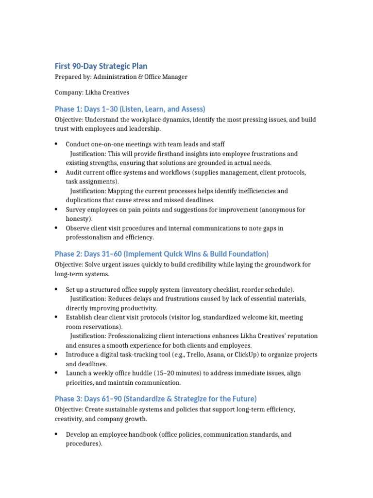 90-Day Strategic Plan for Workplace Efficiency | PDF | Reputation ...