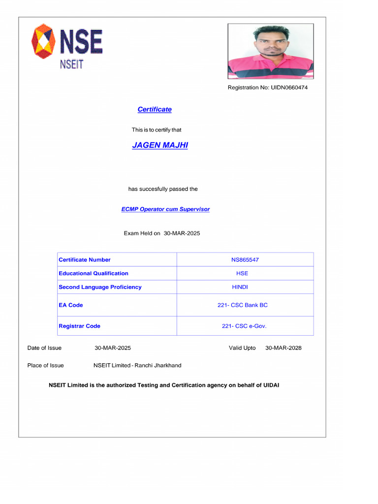 JAGEN MAJHI Aadhar Nseit Certificate | PDF